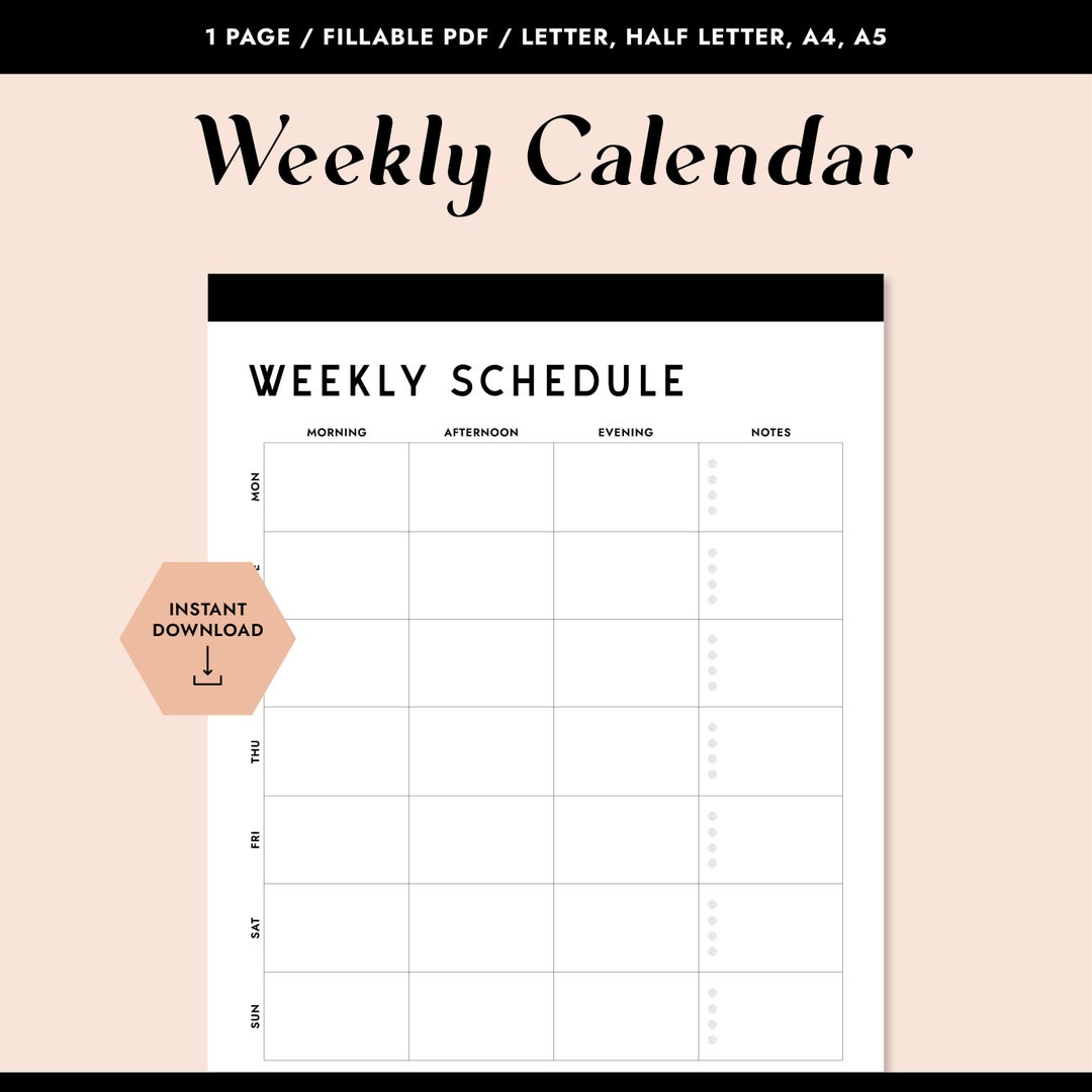 Minimal Weekly Schedule, Printable Weekly Planner, Fillable PDF, Weekly ...