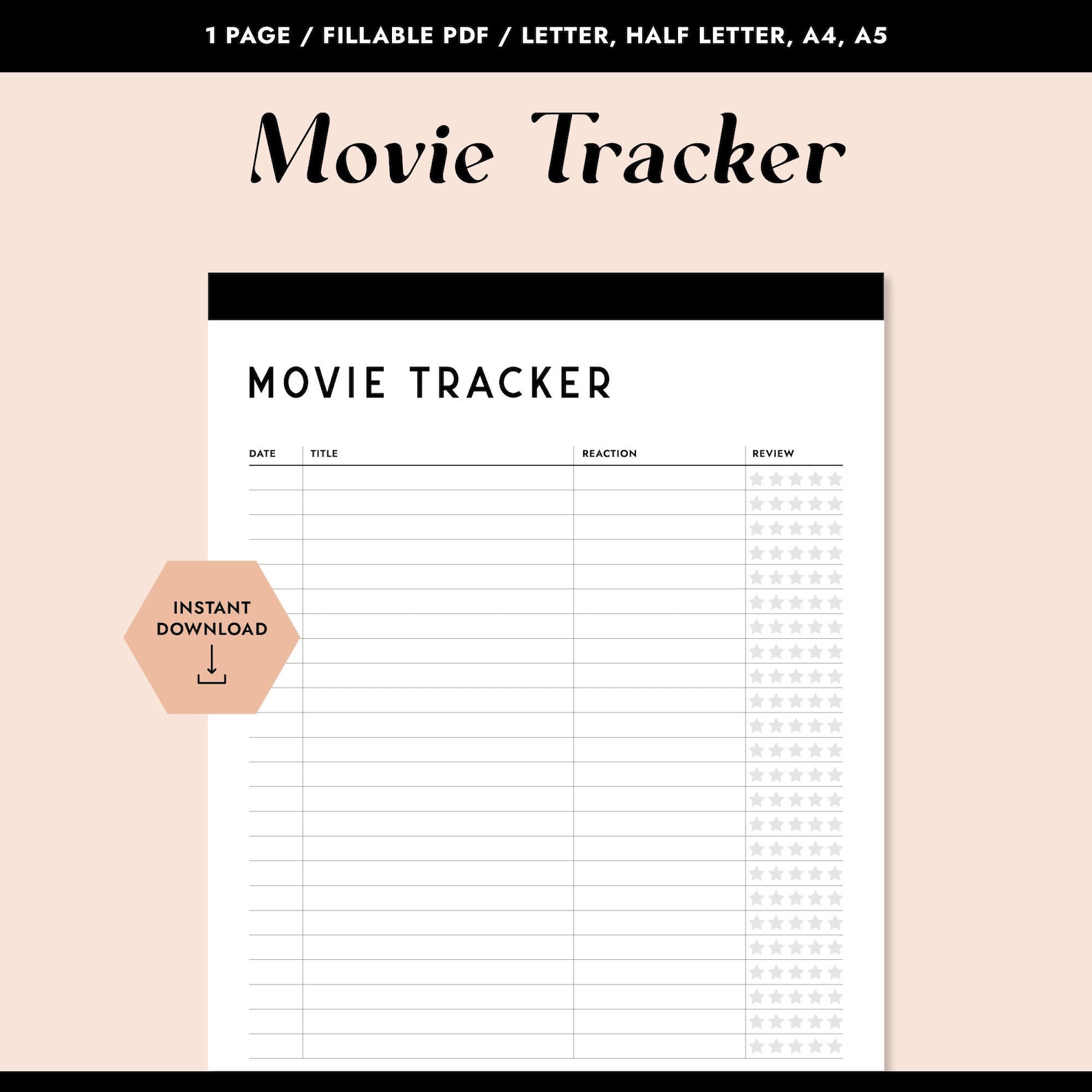 Printable Movie Tracker, Minimal Film Journal, Fillable PDF, Movie Log ...