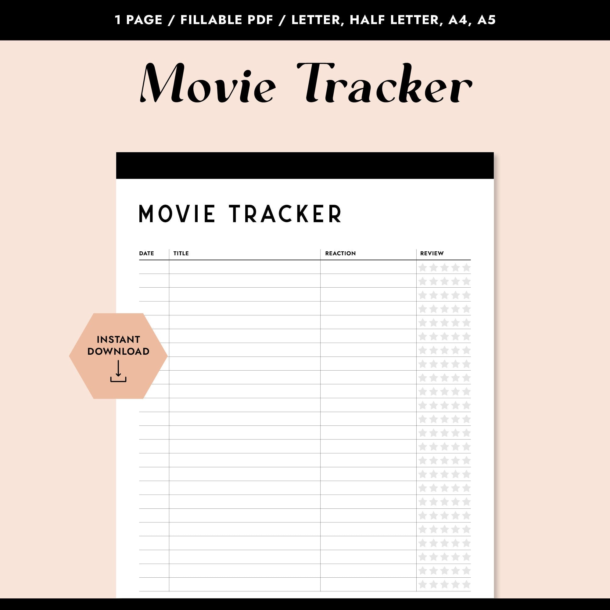 Printable Movie Tracker, Minimal Film Journal, Fillable PDF, Movie Log ...