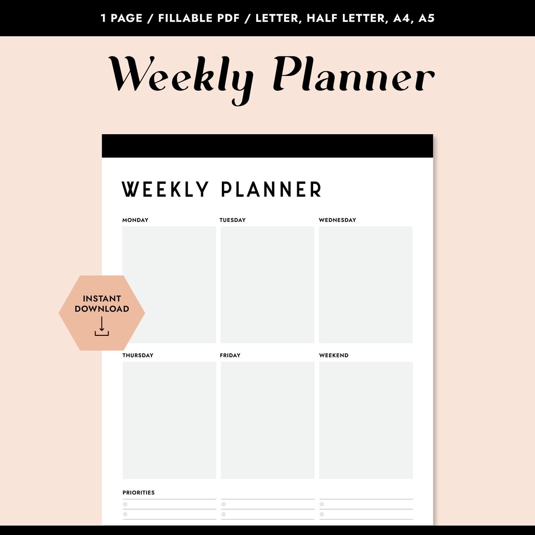 Printable Weekly Planner, Fillable PDF, Printable PDF, Weekly Tasks ...