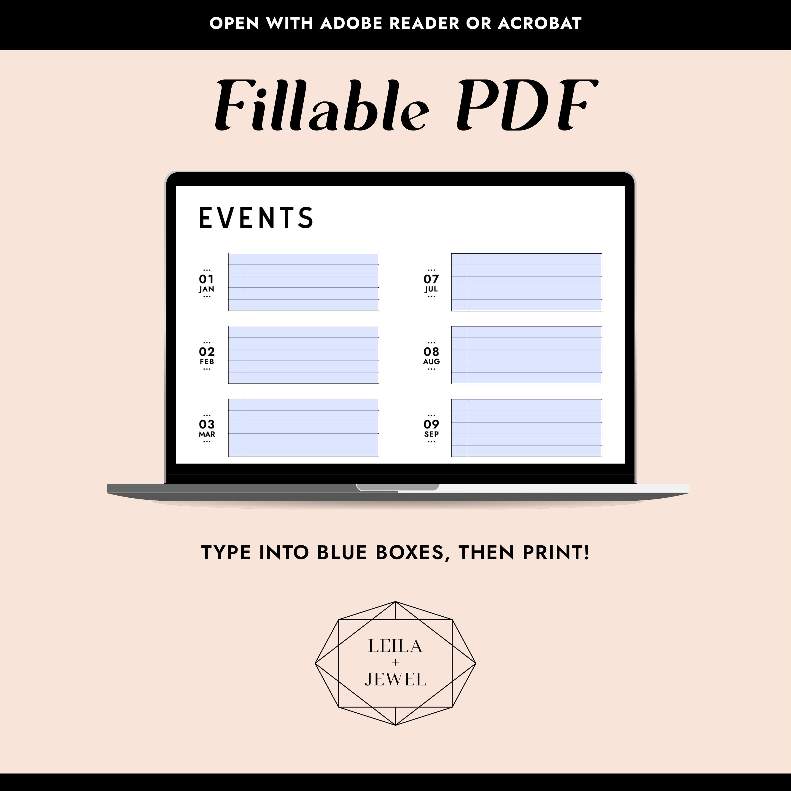 Important Events Printable, Fillable PDF, Events Calendar, Birthday ...