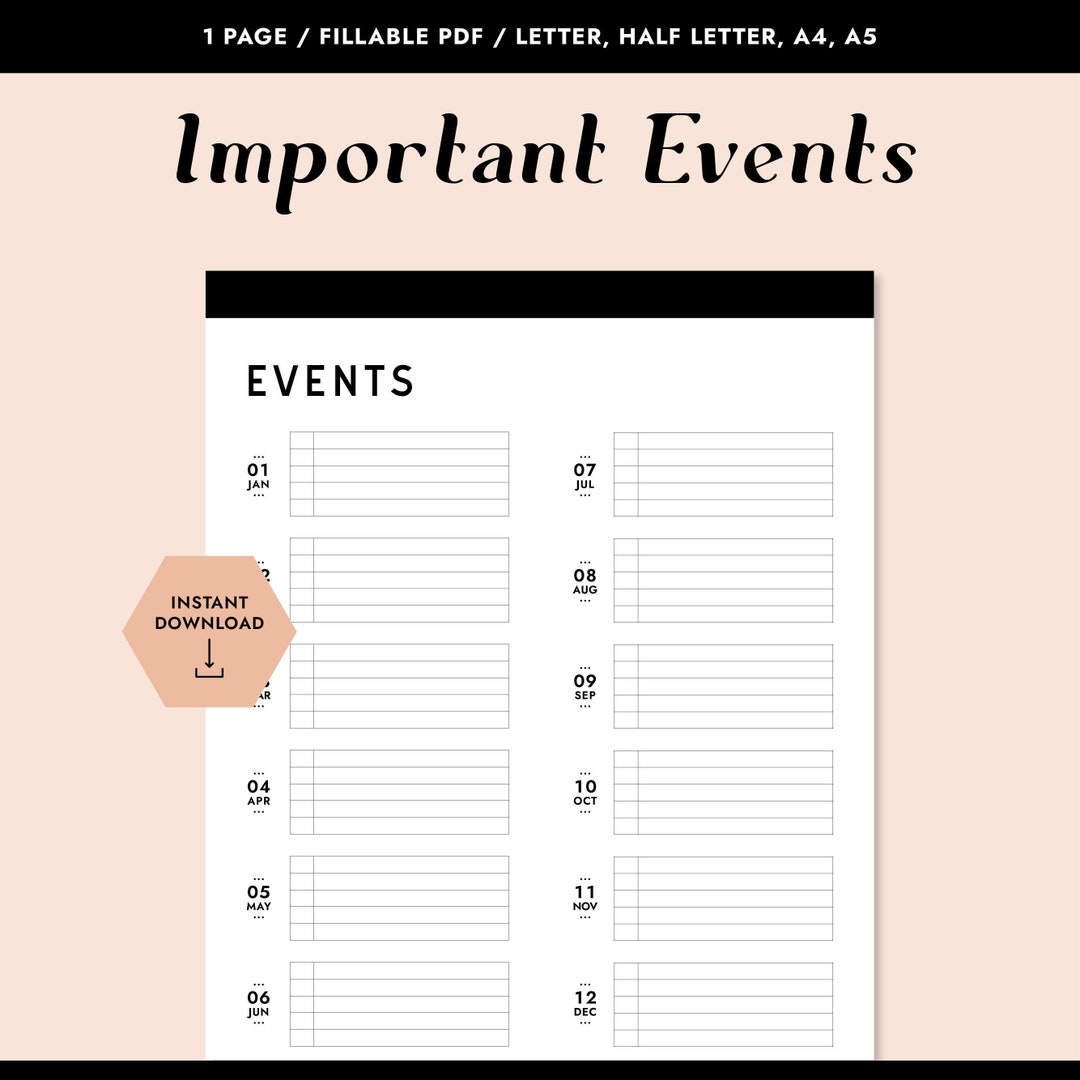 Important Events Printable, Fillable PDF, Events Calendar, Birthday ...
