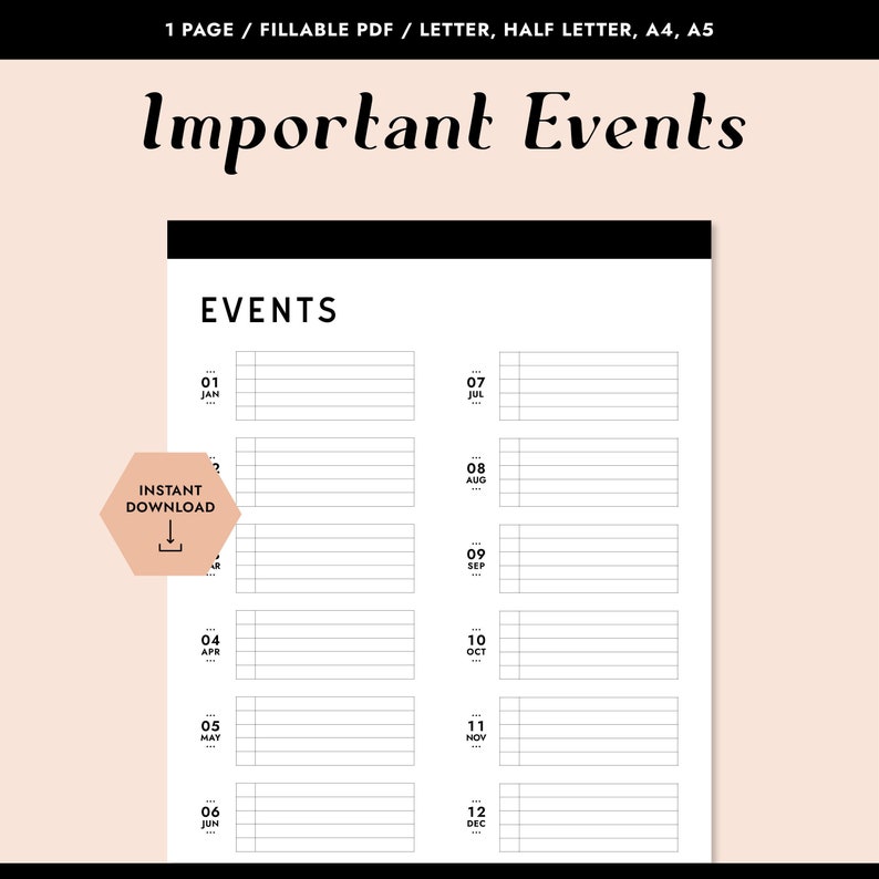 Important Events Printable, Fillable PDF, Events Calendar, Birthday ...