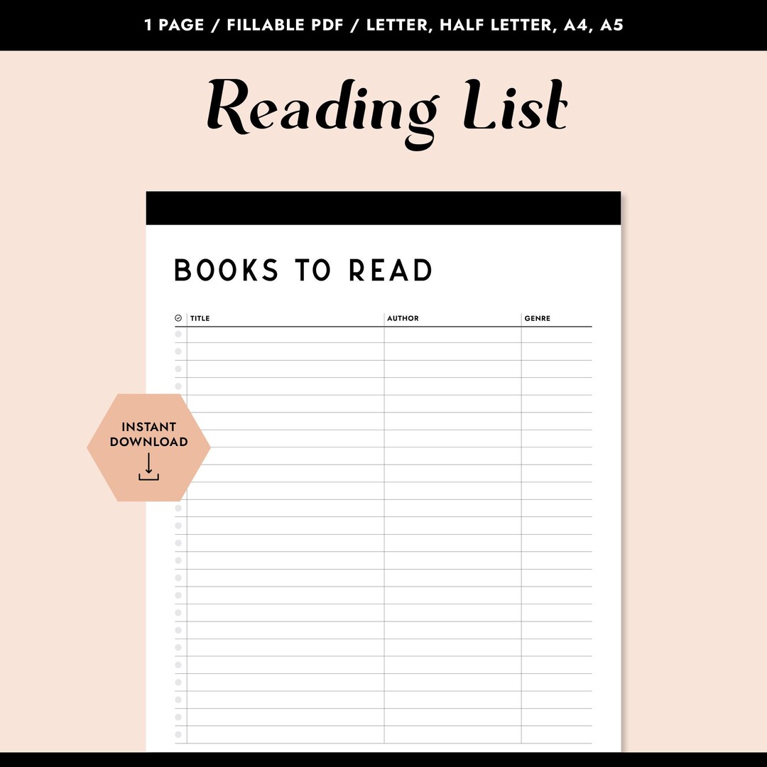 Printable Reading List, Minimal Reading Tracker, Fillable PDF, Book Log ...