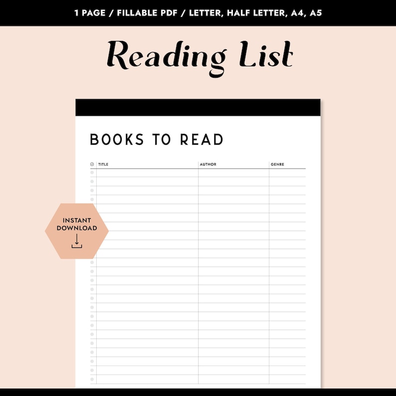 Printable Reading List, Minimal Reading Tracker, Fillable PDF, Book Log ...