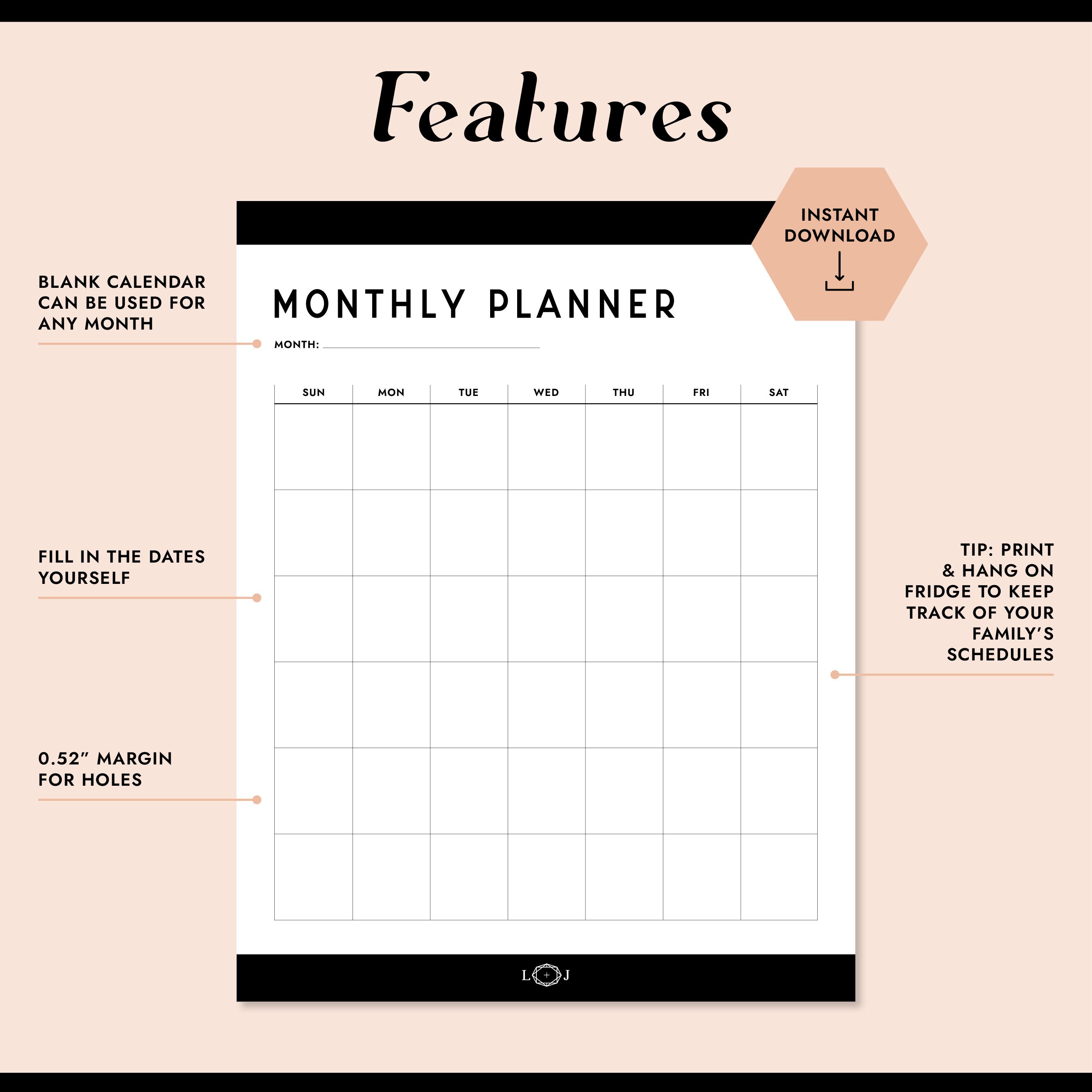 Printable Monthly Calendar, Fillable PDF, Printable PDF, Monthly ...