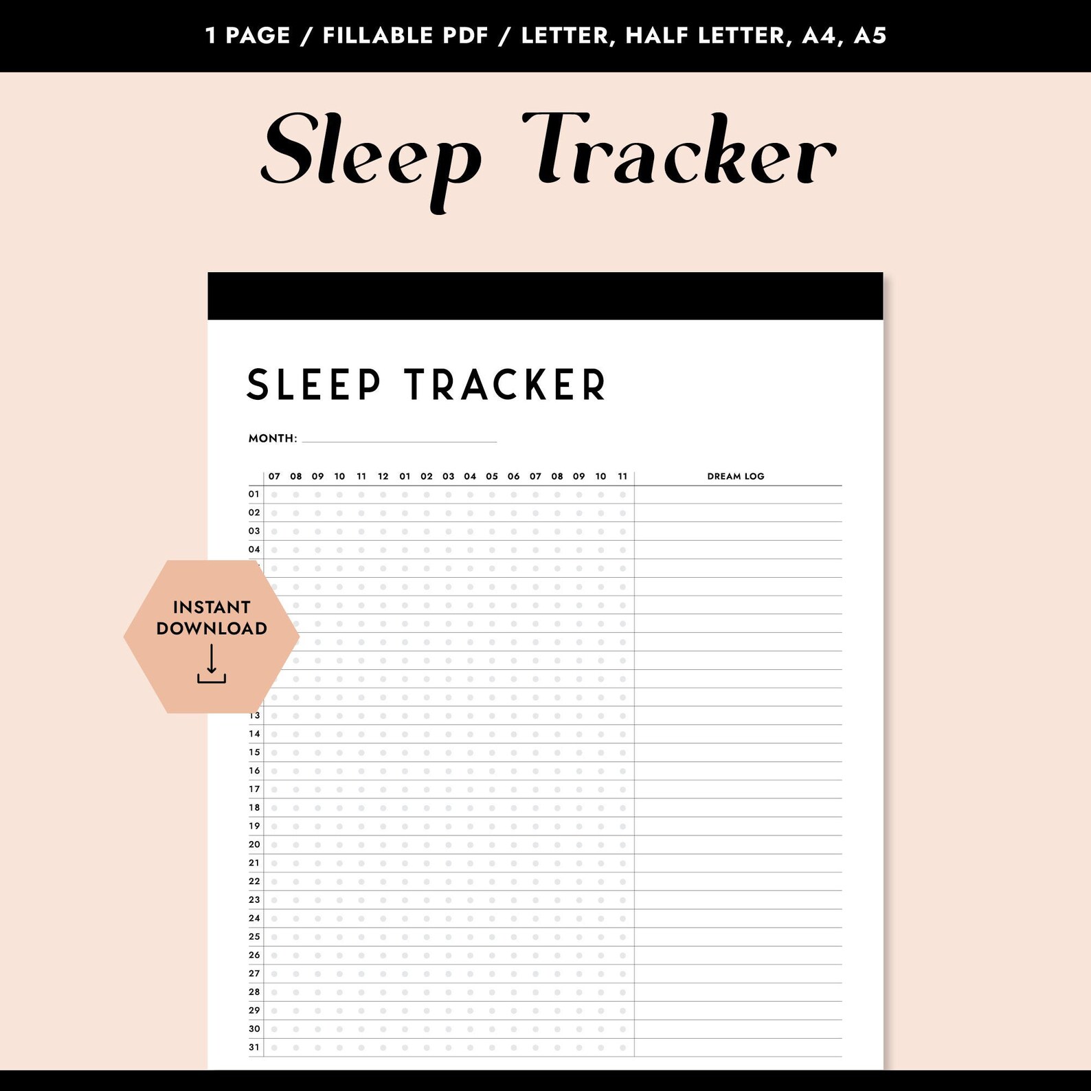 Printable Sleep Tracker, Minimal Sleep Journal, Fillable PDF, Bullet ...