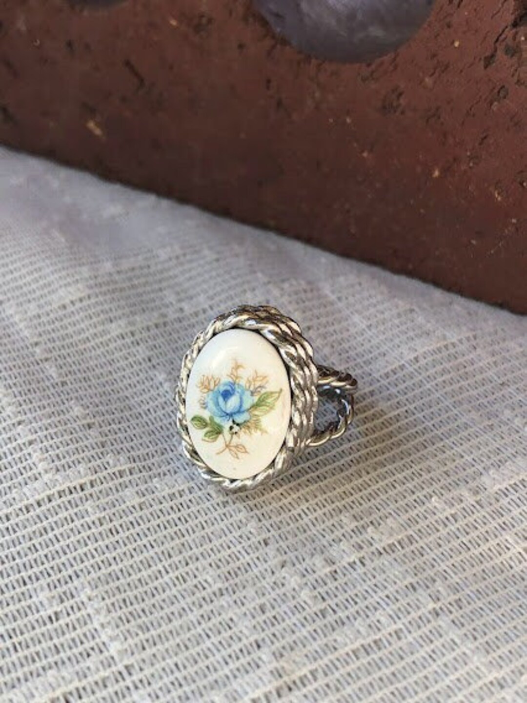 Silver Tone Ring With Blue Rose by Sarah Covington - Etsy