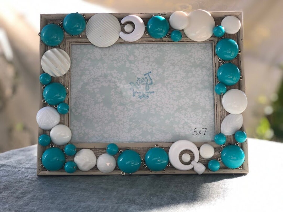 Embellished Picture Frame With Upcycled Materials, Turquoise and White ...