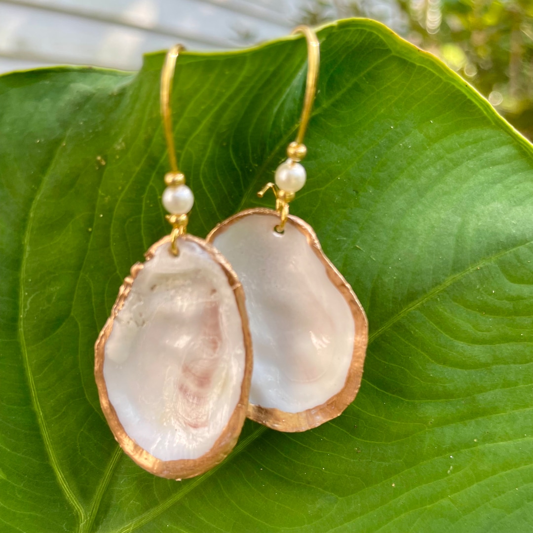 Gold Oyster Shell Earrings-kidney Ear Wires - Etsy