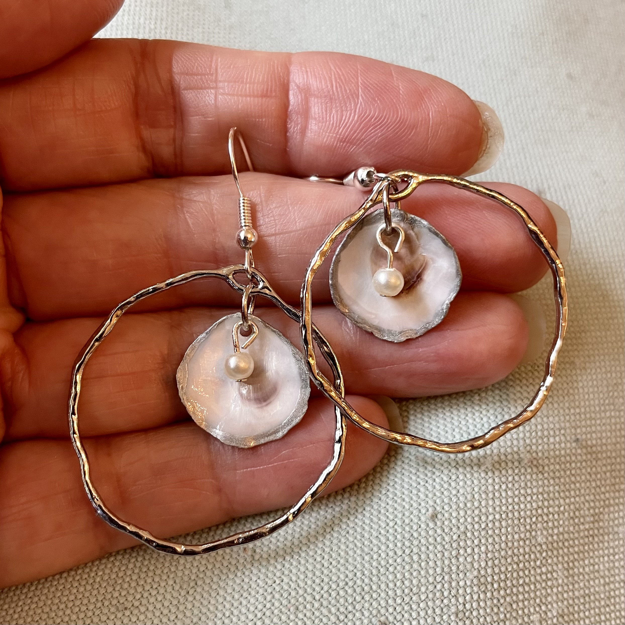 Silver Oyster Shell Hoop Earrings With Round Pearls - Etsy