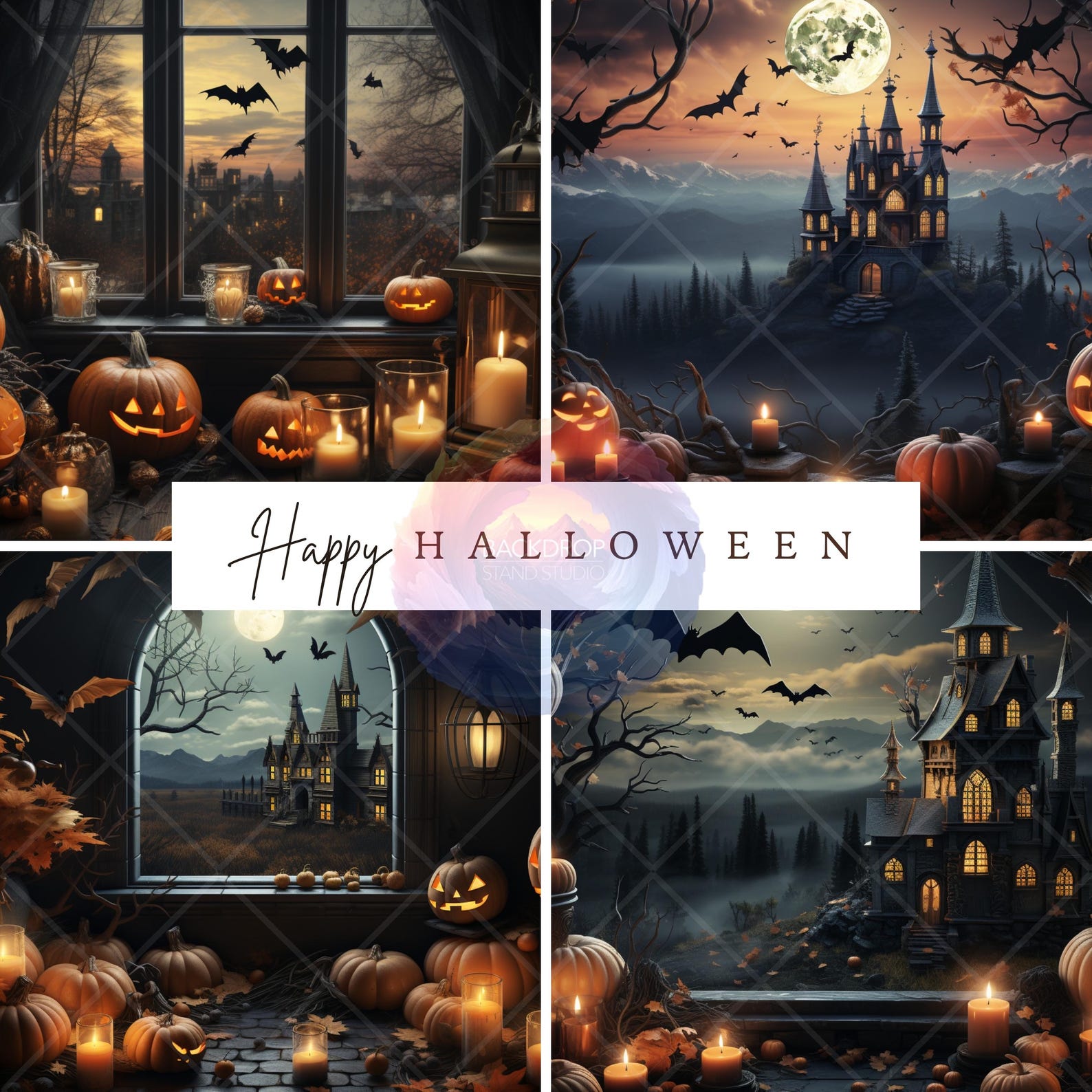Spooky Halloween Digital Backdrop Bundle, Haunted House, Village (JPEG ...