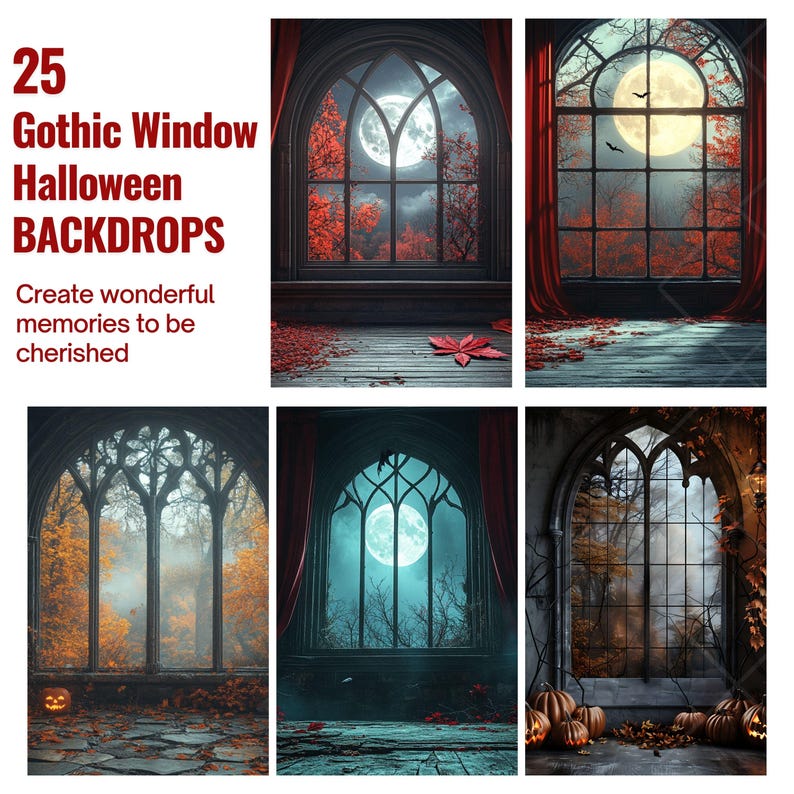 25 Gothic Window Halloween Backdrops Set, Spooky Backdrop Overlays ...
