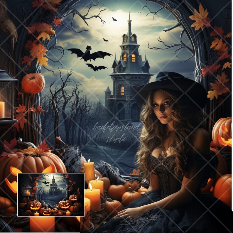 Spooky Halloween Digital Backdrop Bundle, Haunted House, Village (JPEG ...