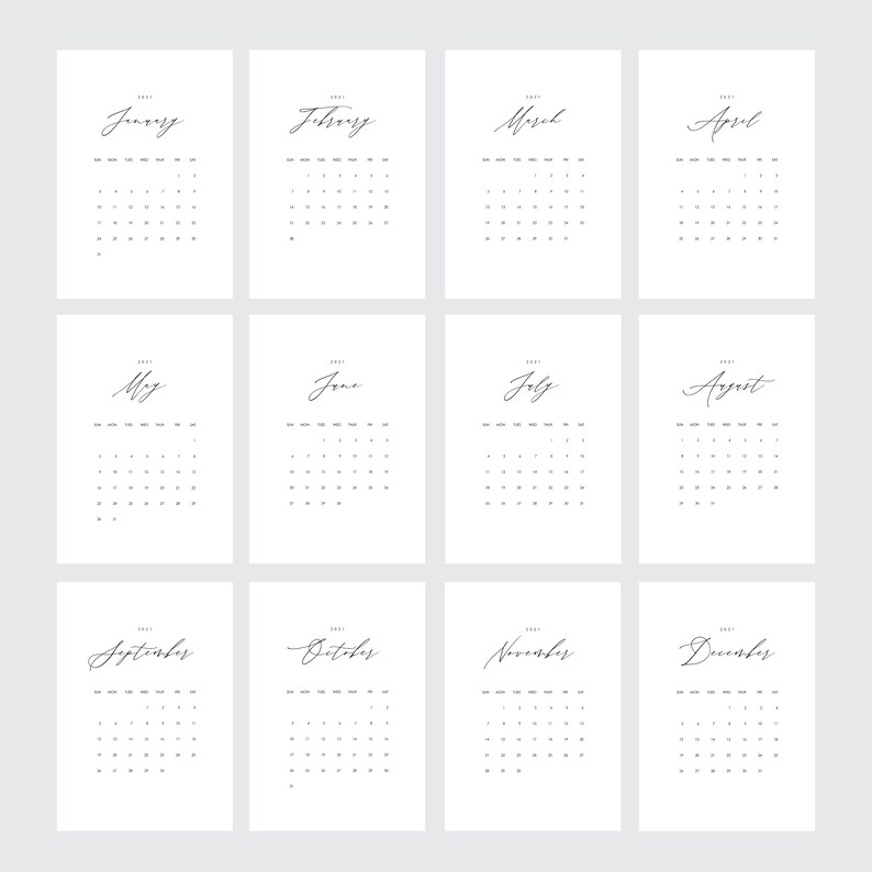 Minimal 2021 Calendar Printable Instant PDF Download - Etsy