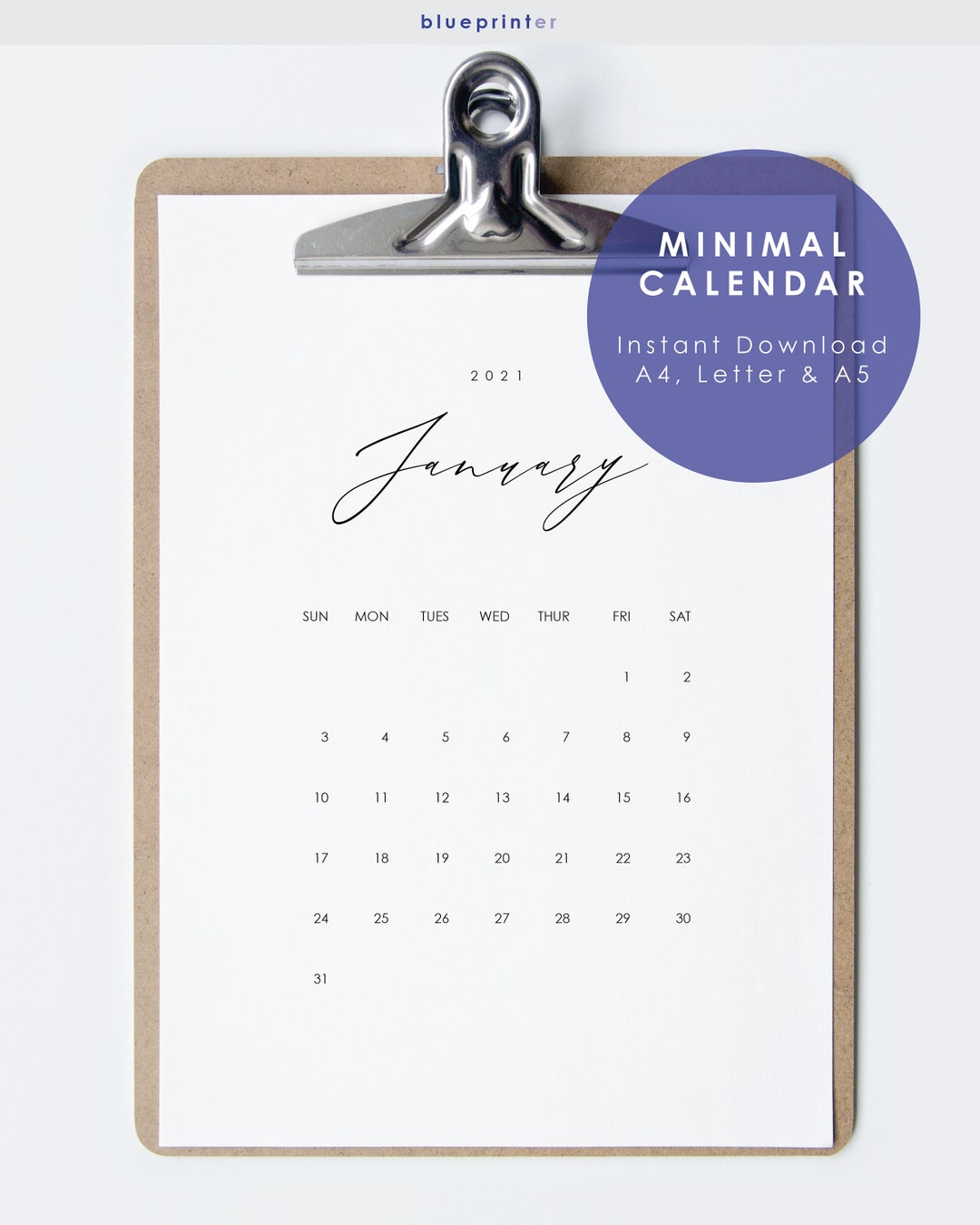Minimal 2021 Calendar Printable Instant PDF Download Fillable PDF ...