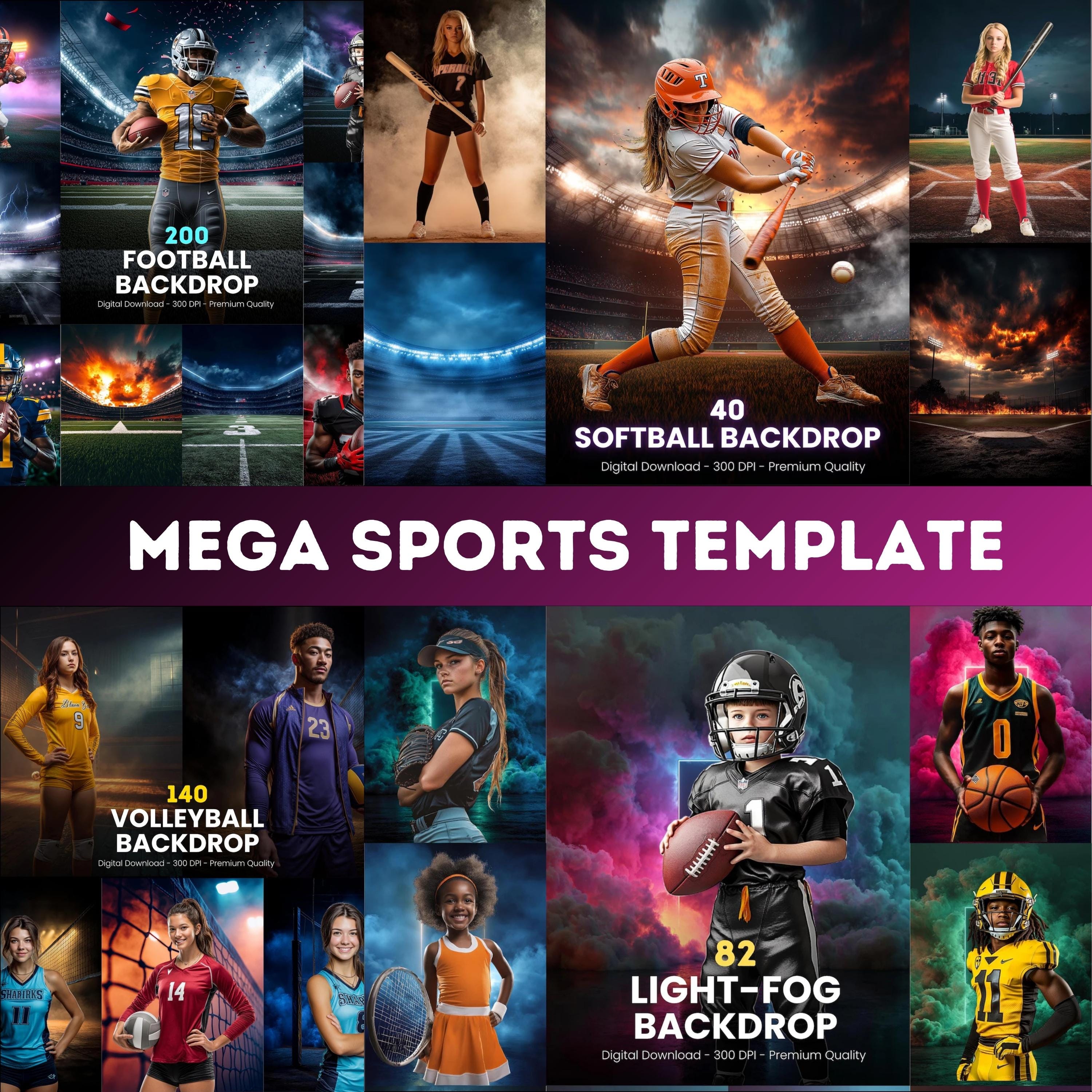 1000+ Bundle Sport Backdrops & Overlays: Football,softball, Volleyball ...