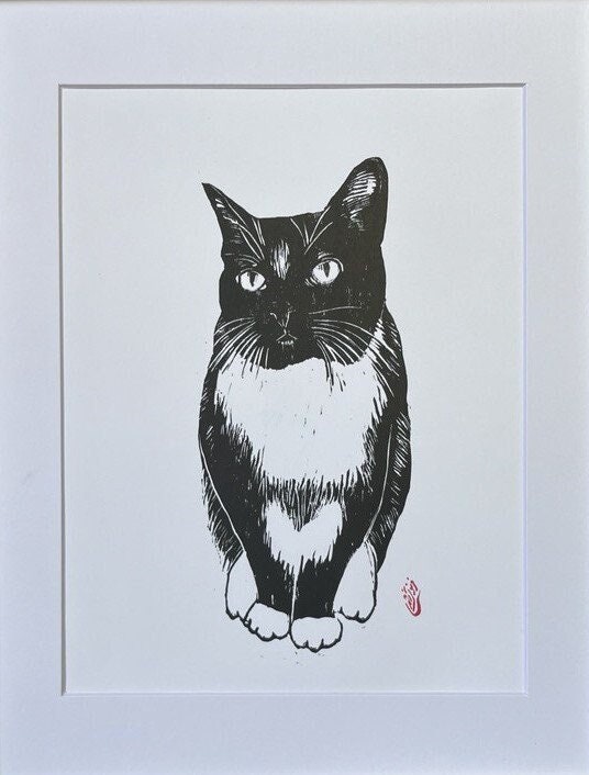 Mojo the Cat| Original Linocut| Tuxedo Cats| Printmaking Cat Art Print ...