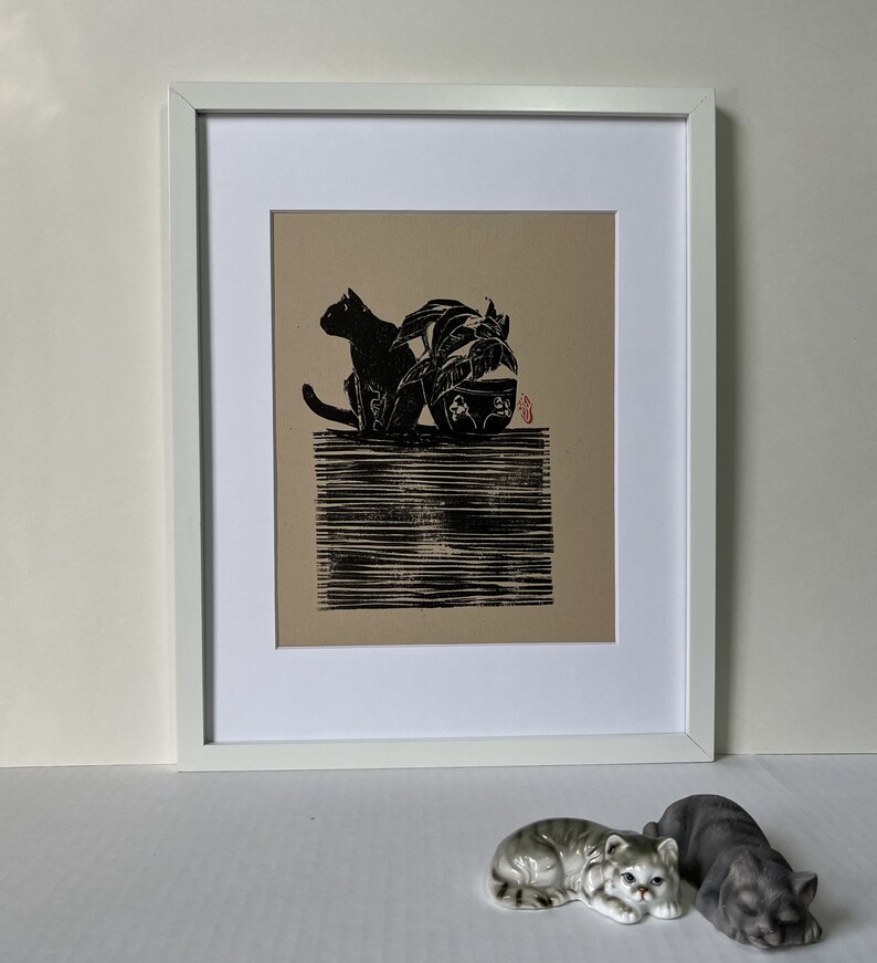 Cat and Plants| Original Linocut| Black Cat| Printmaking| Cat Art Print ...