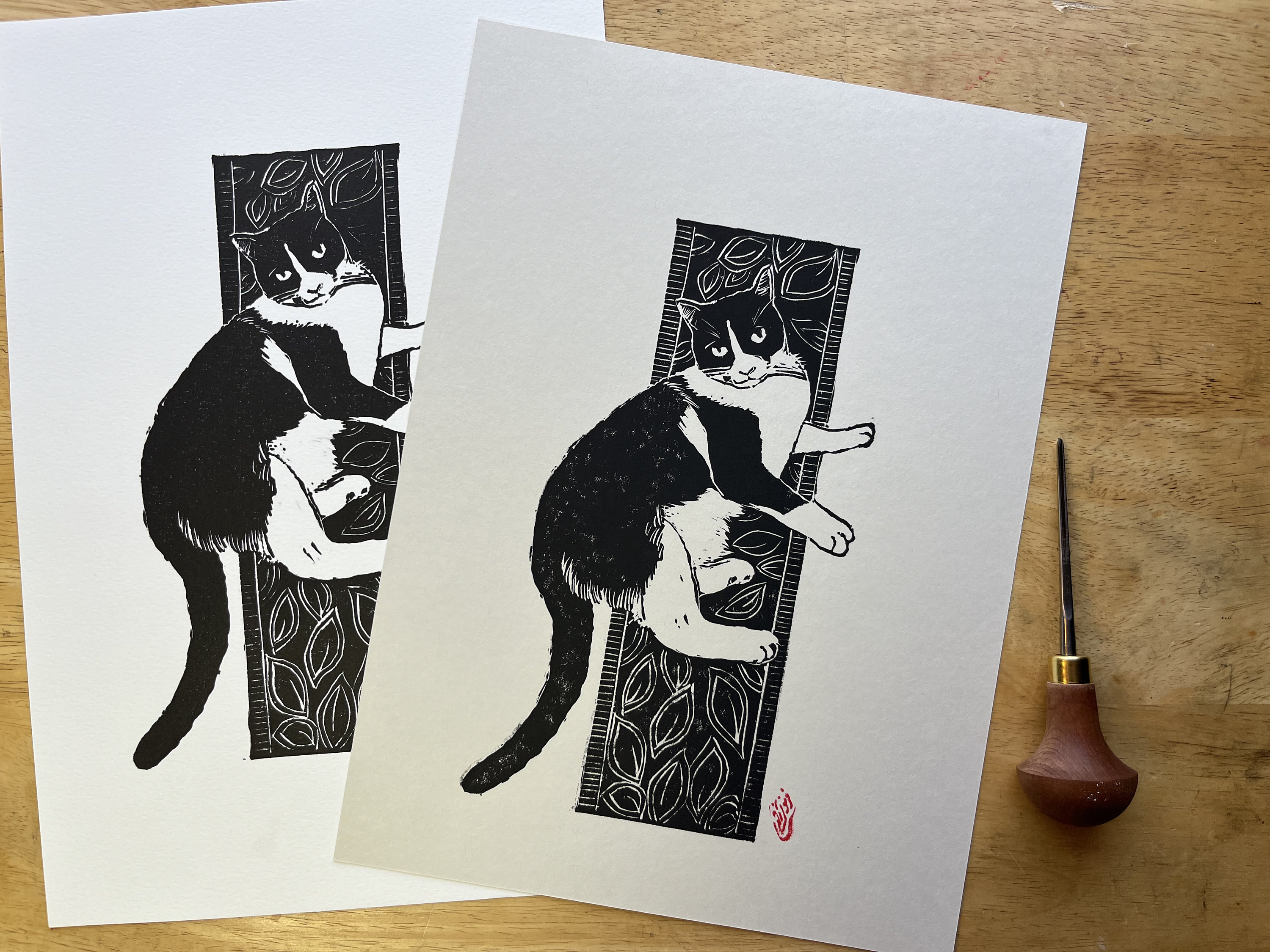 Cat Laying Down| Original Linocut| Tuxedo Cats Printmaking| Cat Art ...