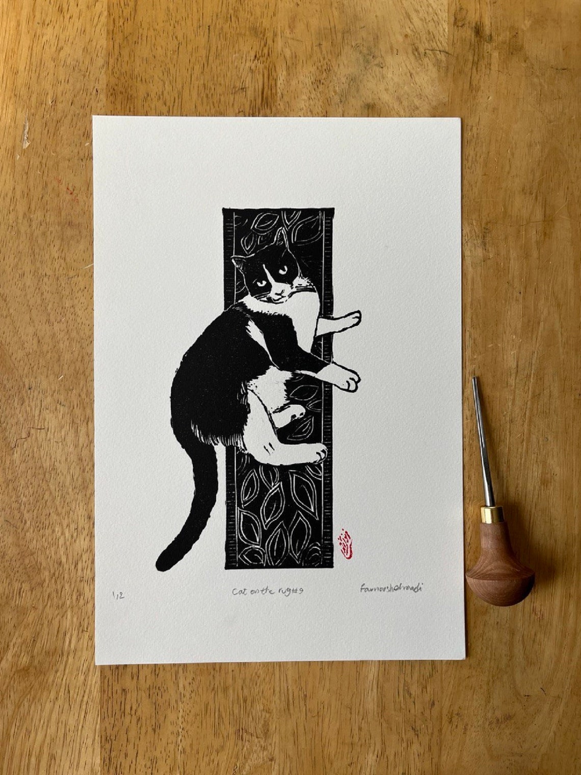 Cat Laying Down| Original Linocut| Tuxedo Cats Printmaking| Cat Art ...