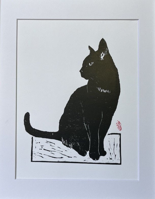 Sitting Black Cat Original Linocut Tuxedo Cats Printmaking Cat Art ...