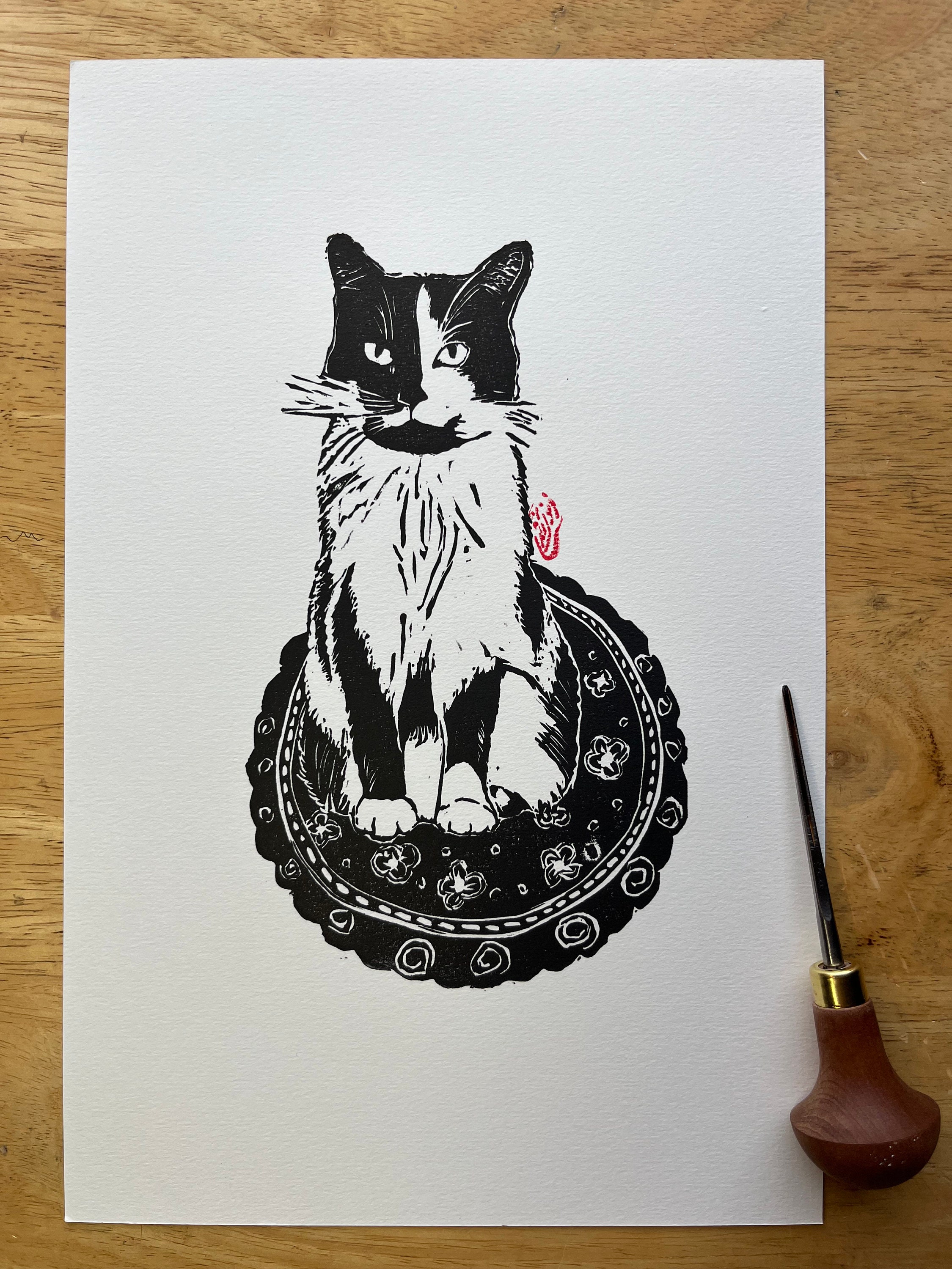 Circle of Curiosity| Original Linocut| Tuxedo Cats| Printmaking Cat Art ...