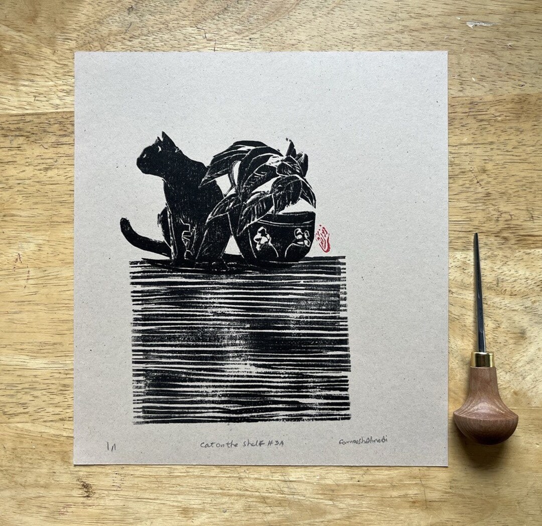Cat and Plants| Original Linocut| Black Cat| Printmaking| Cat Art Print ...