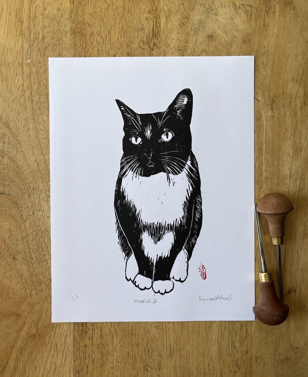 Mojo the Cat| Original Linocut| Tuxedo Cats| Printmaking Cat Art Print ...