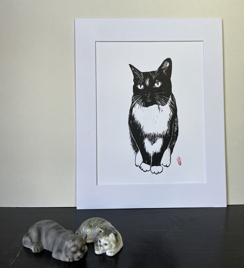 Mojo the Cat| Original Linocut| Tuxedo Cats| Printmaking Cat Art Print ...