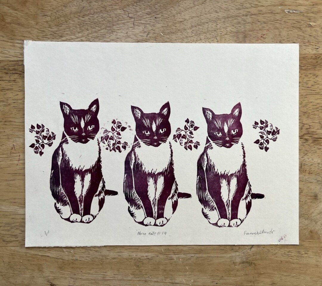 Family in Garden| Original Linocut| Tuxedo Cats| Printmaking| Cat Art ...