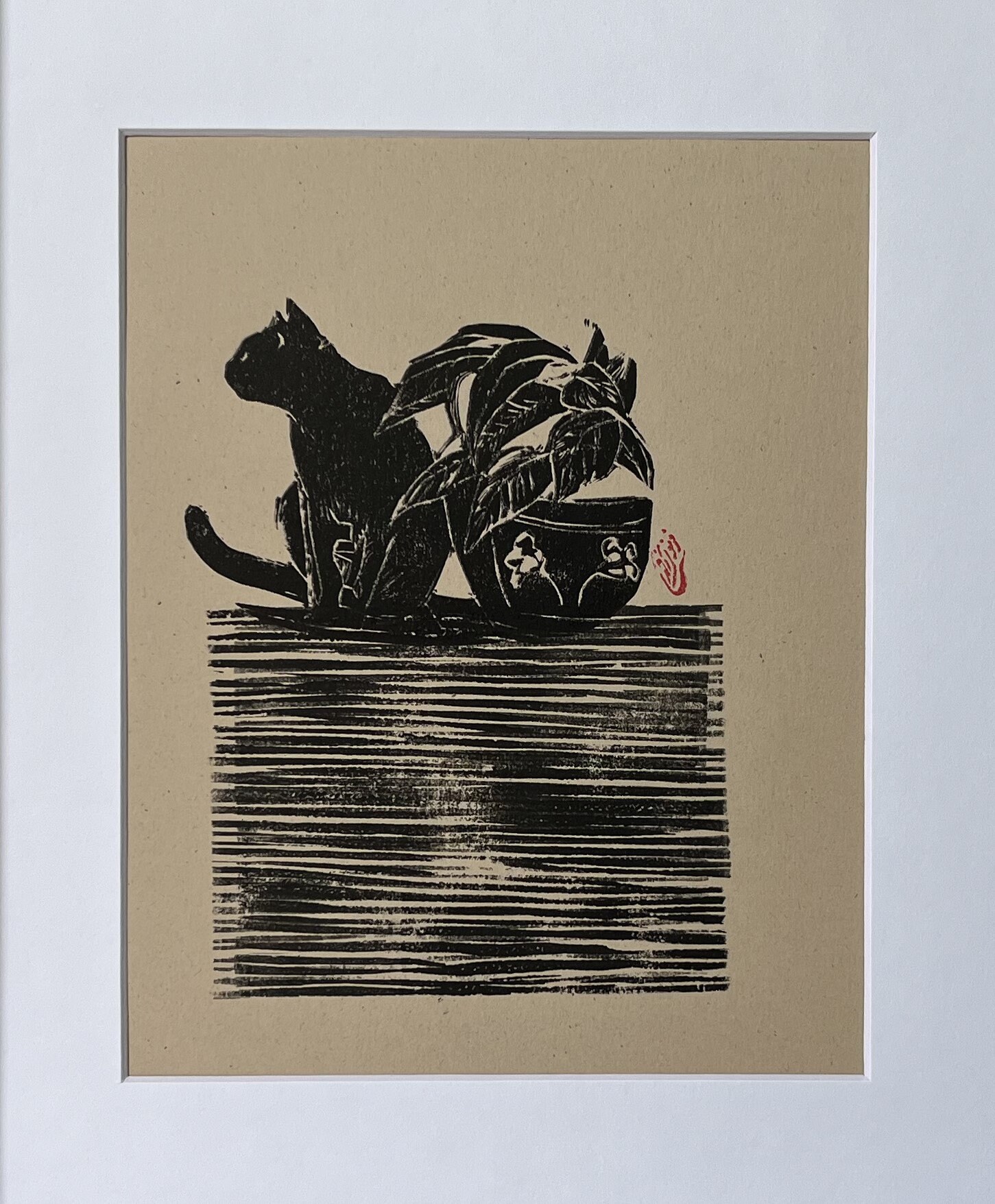 Cat and Plants| Original Linocut| Black Cat| Printmaking| Cat Art Print ...