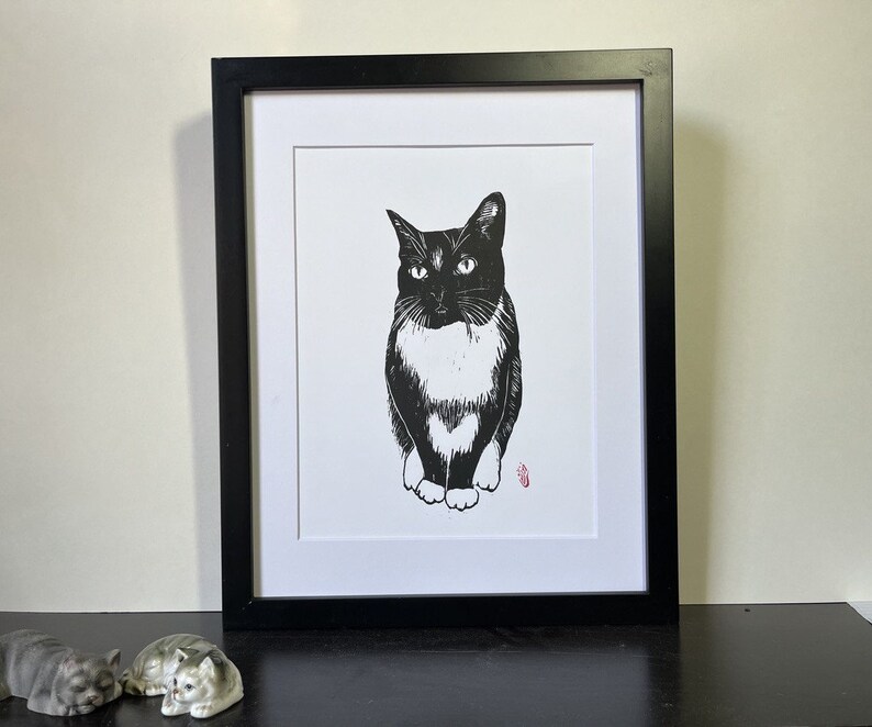 Mojo the Cat Original Linocut Tuxedo Cats Printmaking Cat Art Print 17A ...