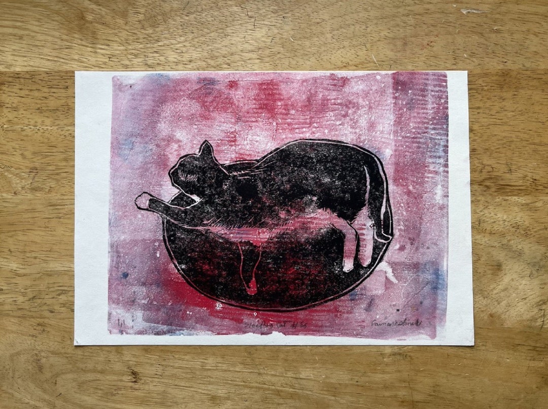 Sleeping Cat| Original Linocut & Monotype | Tuxedo Cats| Cat Art Print| #56| Sleeping Cat| 1"x ...