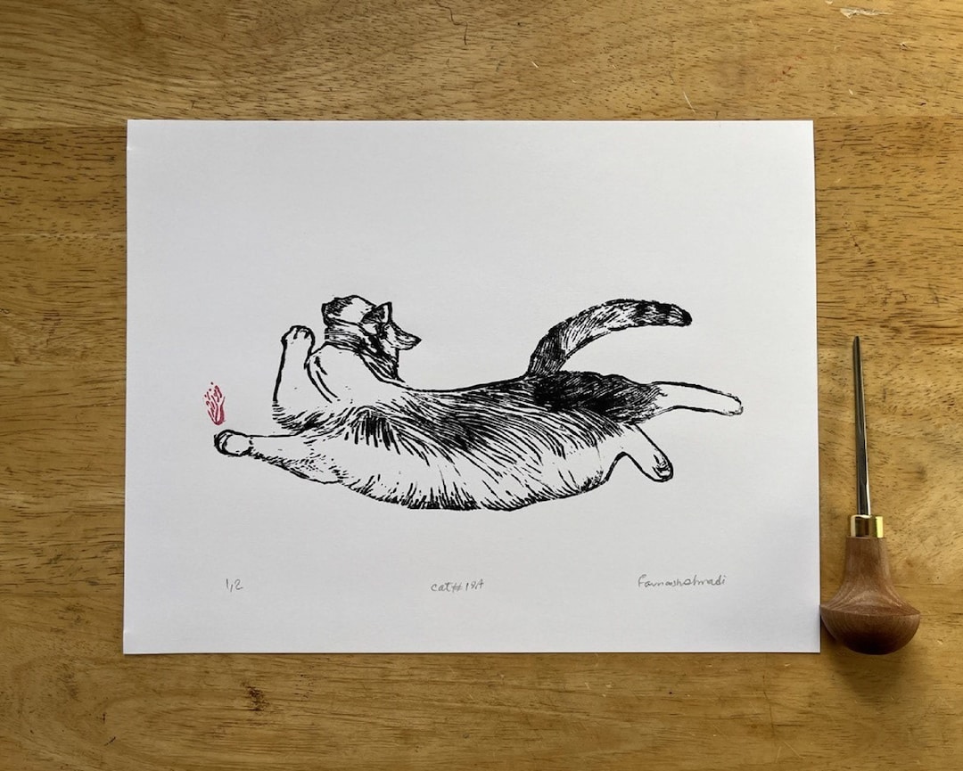 Cat in Motion| Original Linocut| Printmaking Cat Art Print| 19A |11"x ...