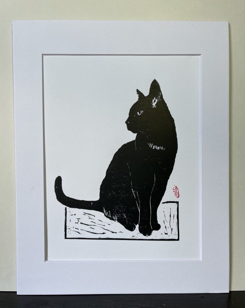 Sitting Black Cat Original Linocut Tuxedo Cats Printmaking Cat Art ...