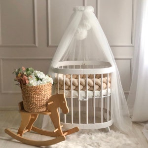 ONLY Beige Baby Crib Canopy With Pompoms: Nursery Decor, Crib Baldachin ...
