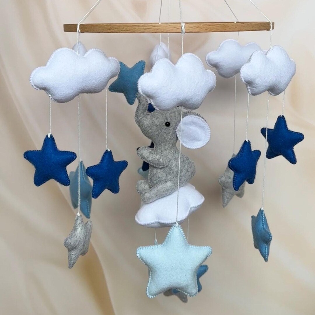 Felt Mobile Elephant, Crib Mobile With Music Box, Blue Nursery Crib ...