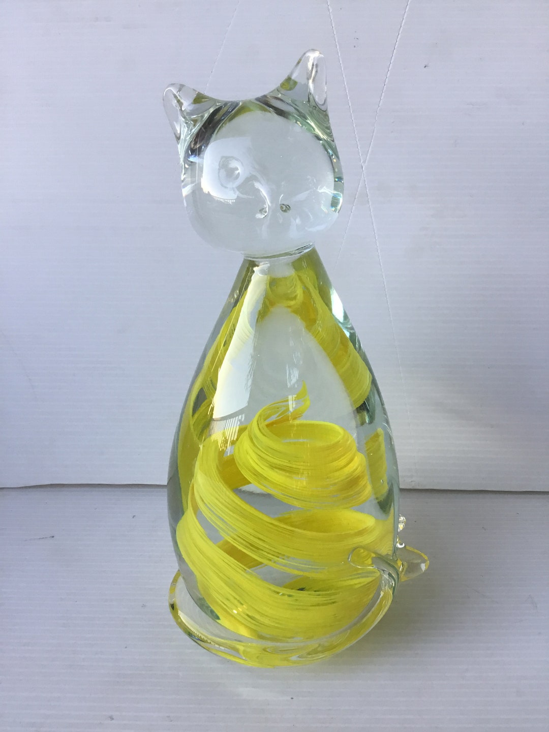 Glass Cat Statue With Yellow Spiral - Etsy
