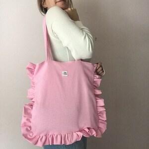 Cute Gingham Ruffle Tote Bag// Gift for Her, Pink Tote Bag, Pretty Tote ...
