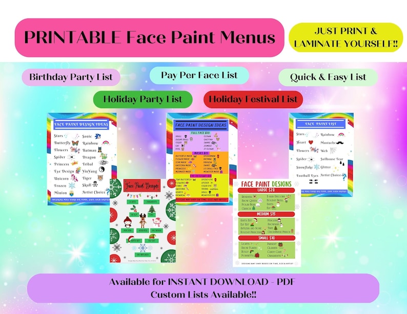 Customizable Face Painting Design Board - All Year Bundle PDF - 5-pack ...