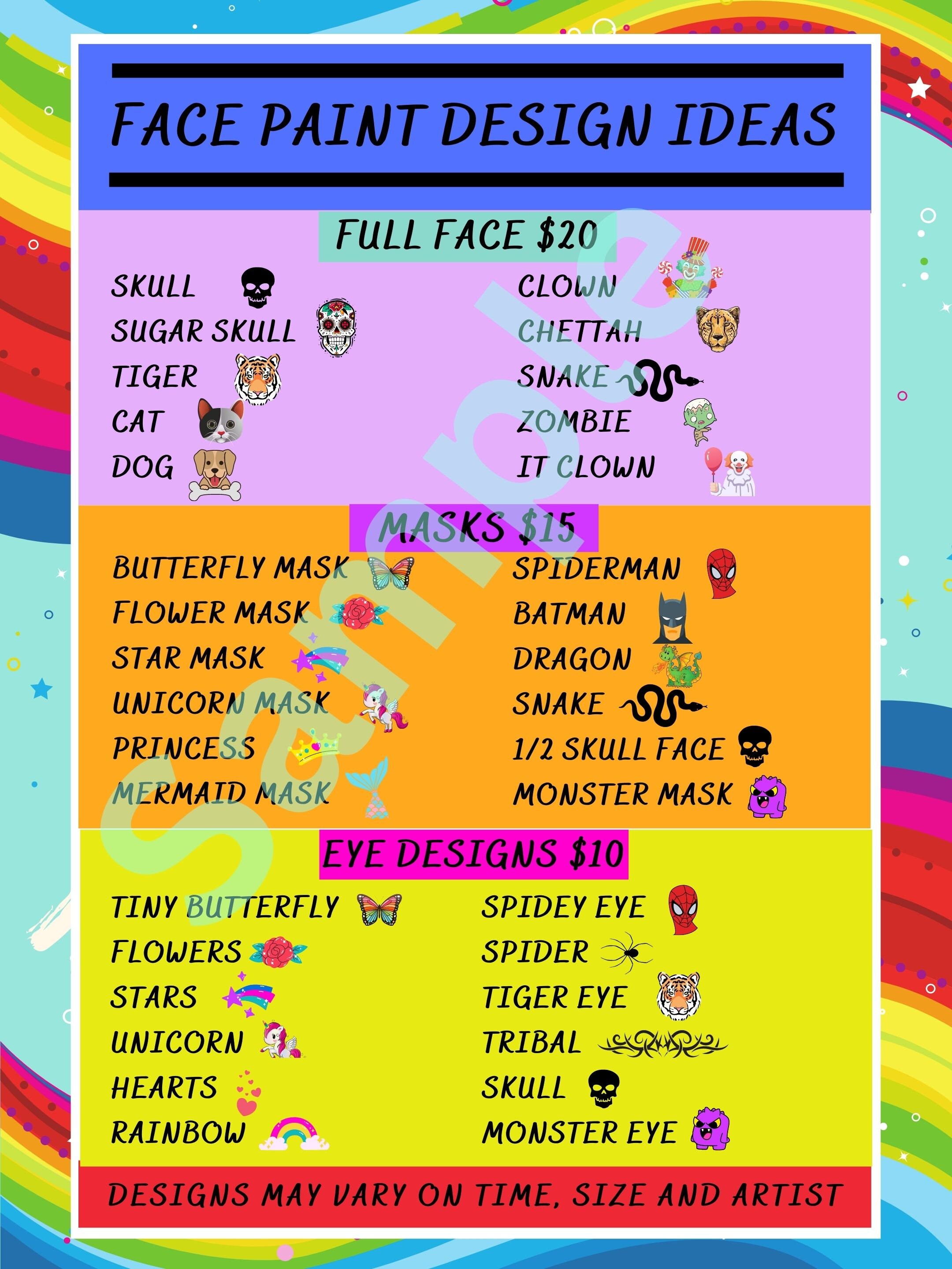 Customizable Face Painting Design Board - All Year Bundle PDF - 5-pack ...