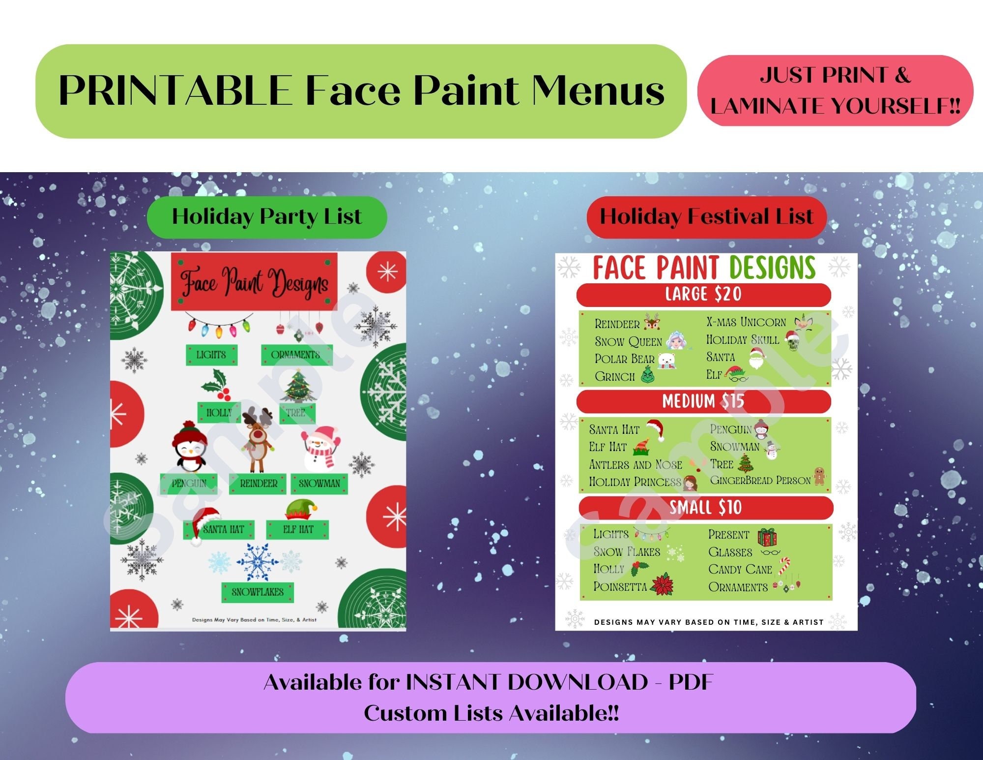 Customizable Face Painting Design Board - All Year Bundle PDF - 5-pack ...