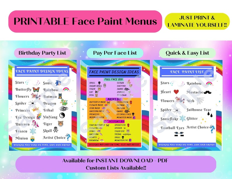 Customizable Face Painting Design Board - All Year Bundle PDF - 5-pack ...