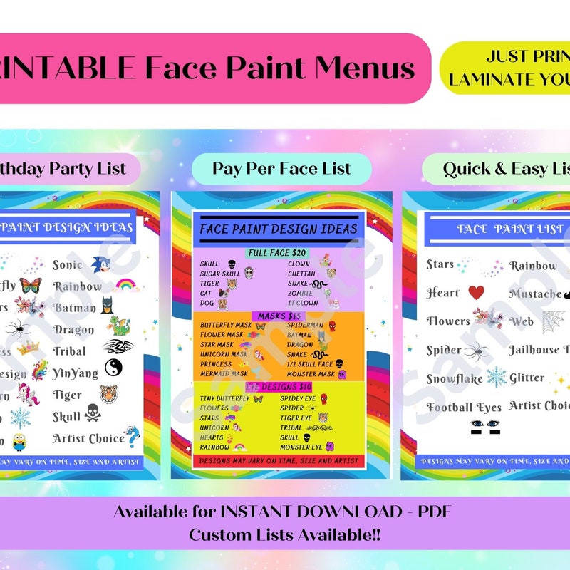 Face Painting Menu - Etsy