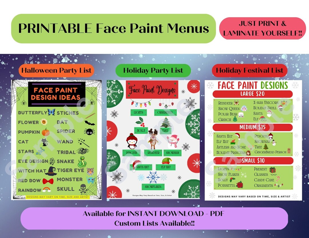 Customizable Face Painting Design Board - Holiday Bundle PDF - Etsy