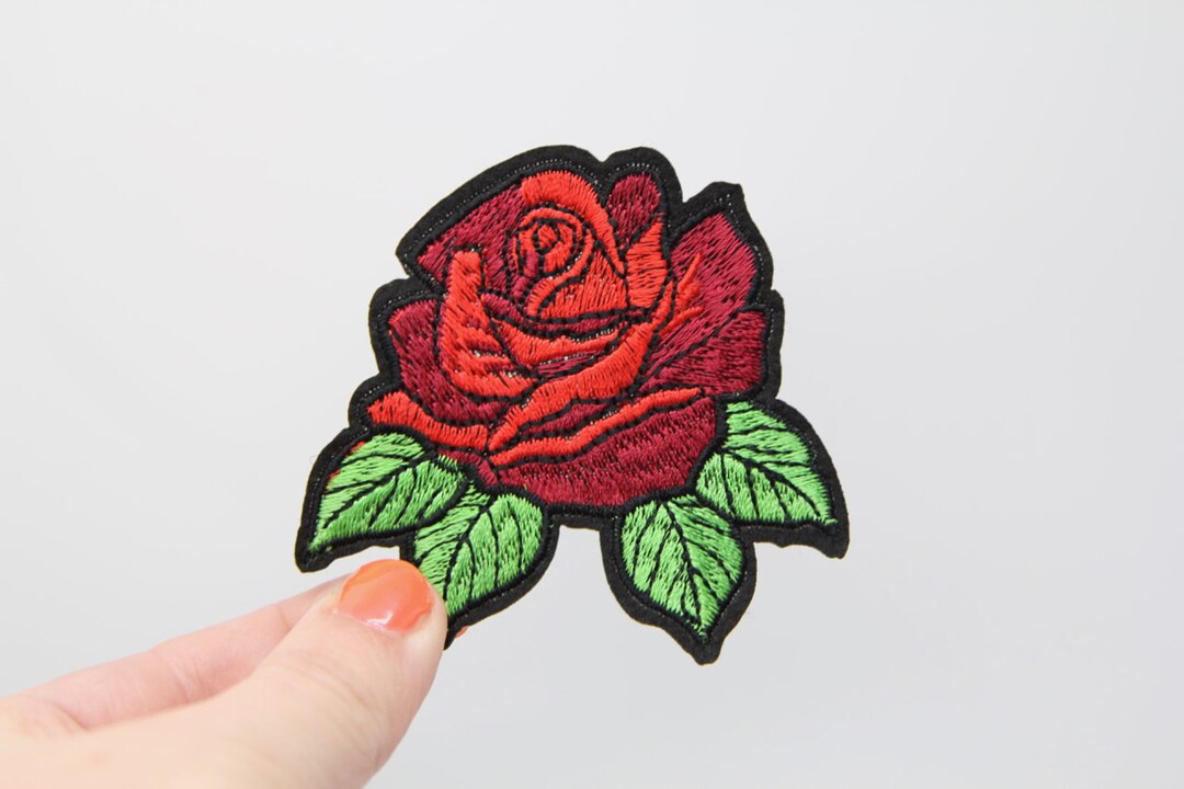 Red Rose Patch - Iron on Tattoo Inspired Red Rose Patch - Embroidered ...