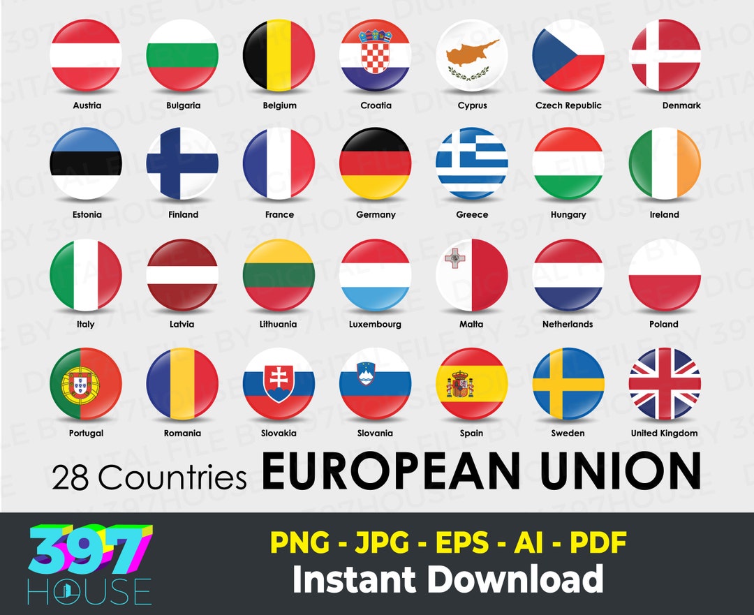 Vector Illustration of Round Shape Flags of the 28 Countries European ...