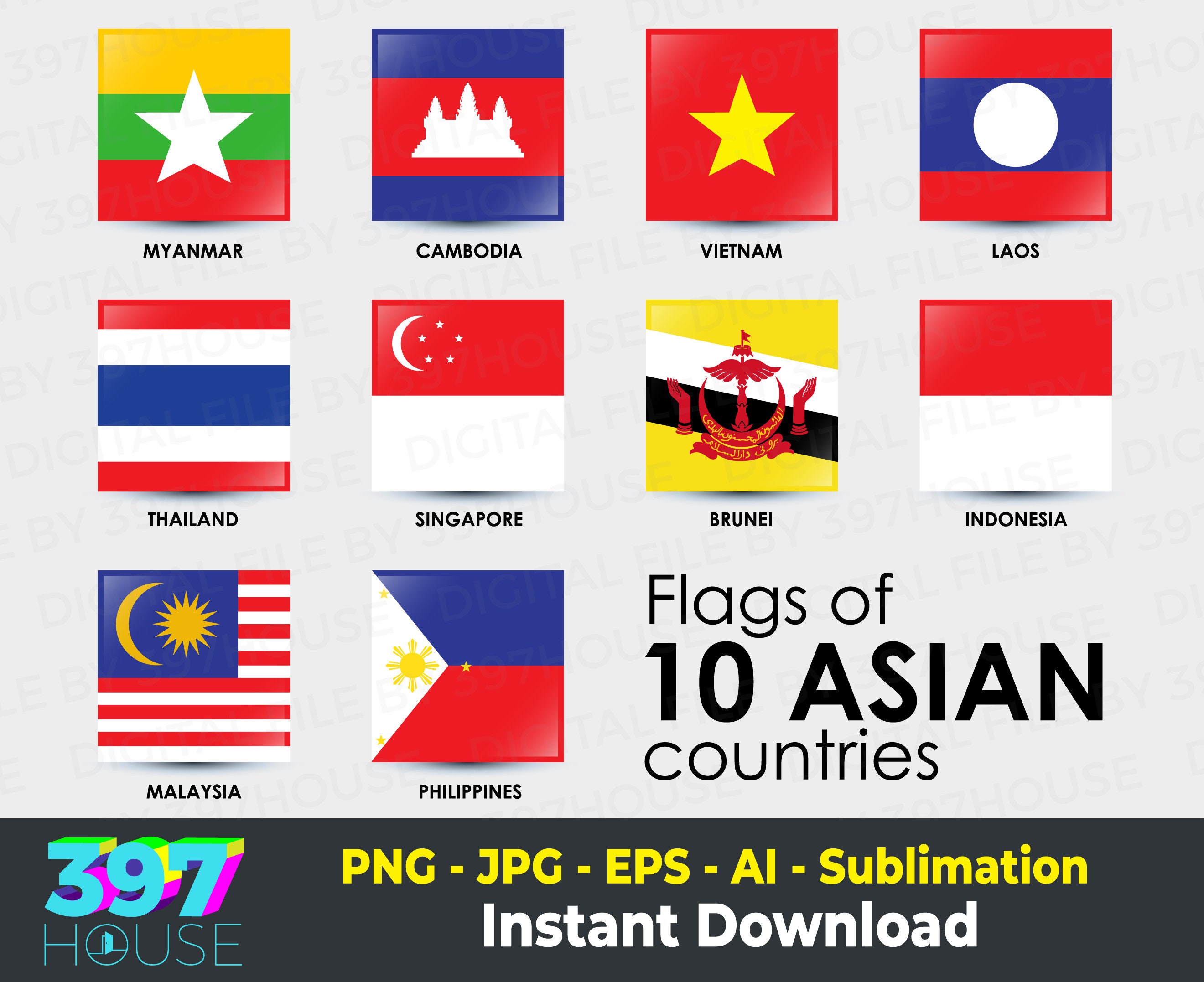 World Flags, Asian Flags Png, Vector Illustration, Square Shape, Group ...