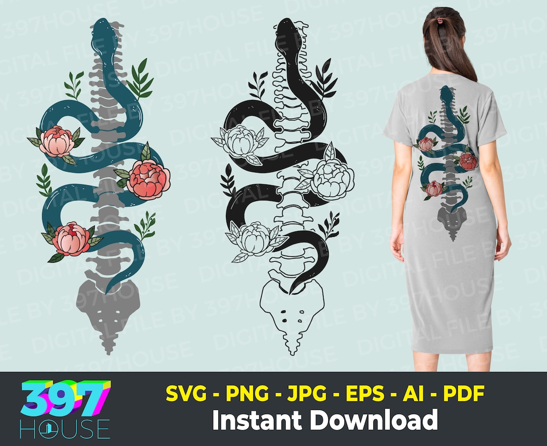 Floral With Snake Spine Svg, Human Spine With Flower and Snake Svg, Chiropractic Svg, Flower ...